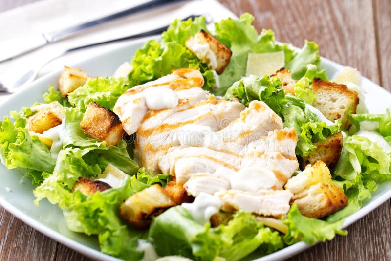 Classic Chicken Caesar Salad on a Plate. Stock Image - Image of food ...