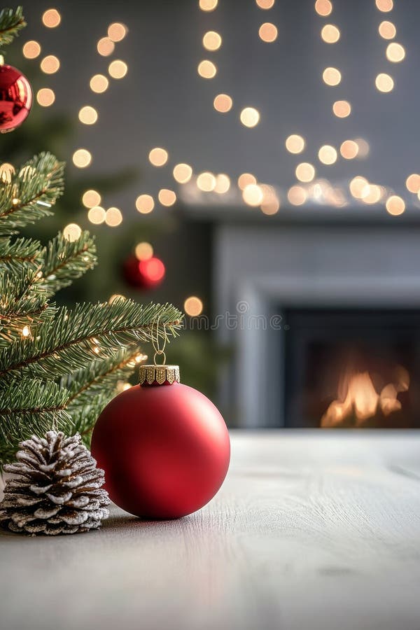 Classic Christmas Background, Red Ornament on Table, Christmas Tree and ...