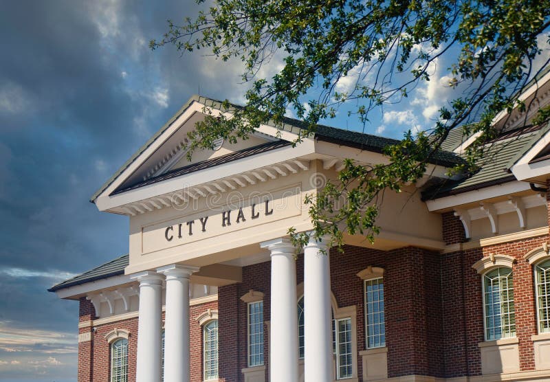 Classic City Hall with Columns at Dusk Stock Photo - Image of landmark ...
