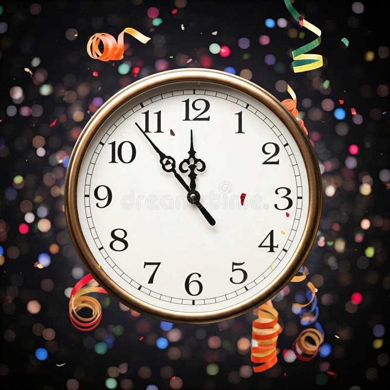 A Classic Clock Surrounded by Confetti and Festive Lights, Celebrating ...
