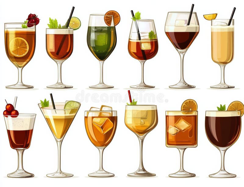Classic Cocktail Assortment. Multiple Alcoholic Drinks in Various Glass ...