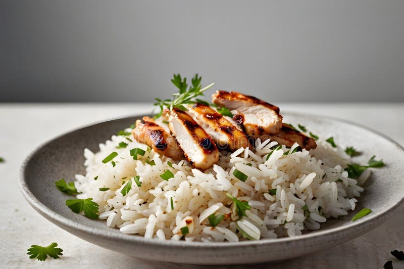 Classic Comfort Steaming Bowl of Rice with Tender Chicken Strips ...