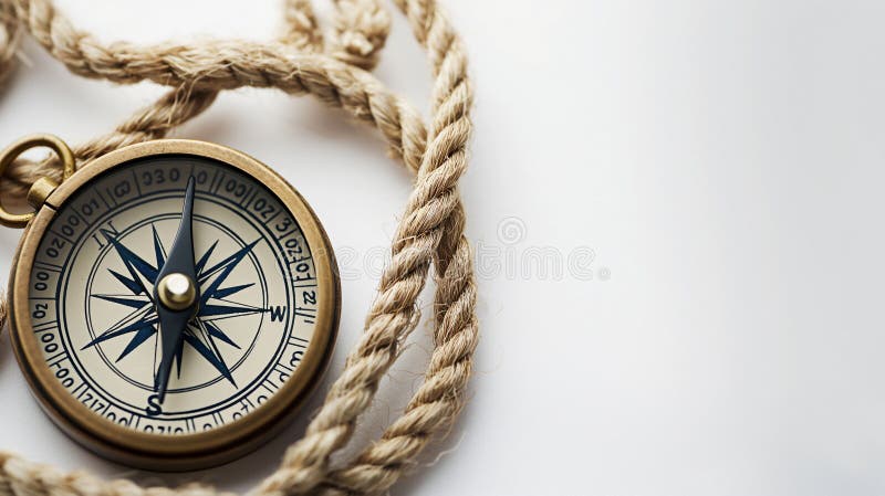 Classic Compass with a Brass Finish Entwined by a Thick Rope on a White ...