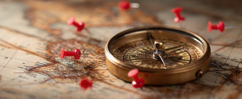 The Classic Compass Resting on a Detailed Vintage Map with Red Pushpins ...