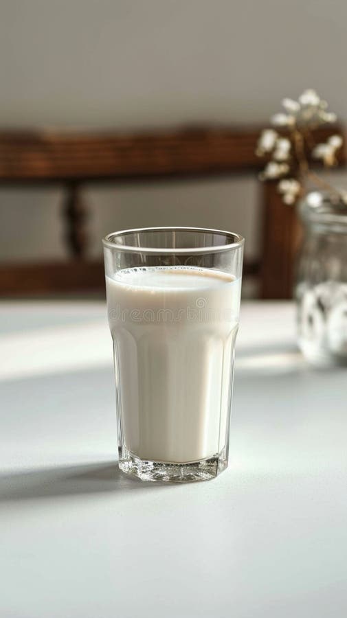 Classic Composition Glass of Milk, Side View, on White Table Stock ...