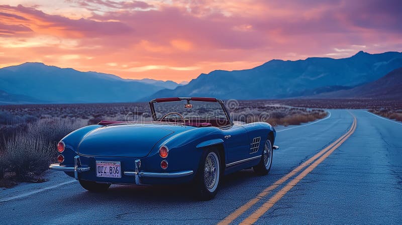 Classic Convertible Car on an Open Road Against a Stunning Sunset ...