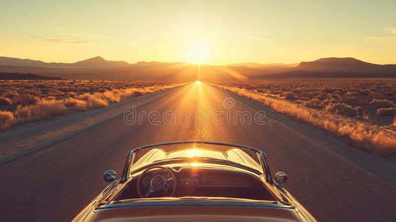 Classic Convertible Driving Towards Sunset on a Desert Road Stock ...