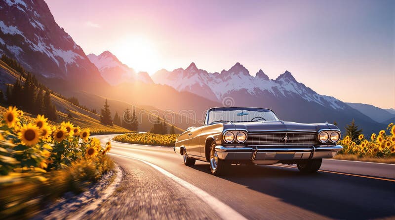 Classic Convertible on Scenic Mountain Road with Sunflower Fields at ...