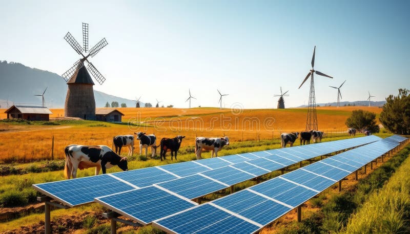Classic Countryside Farm with Grazing Cows, Windmills, and a Solar ...