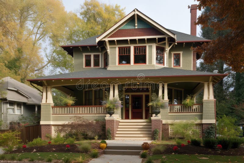 Classic Craftsman House with Wrap-around Porch and Window Boxes Stock ...
