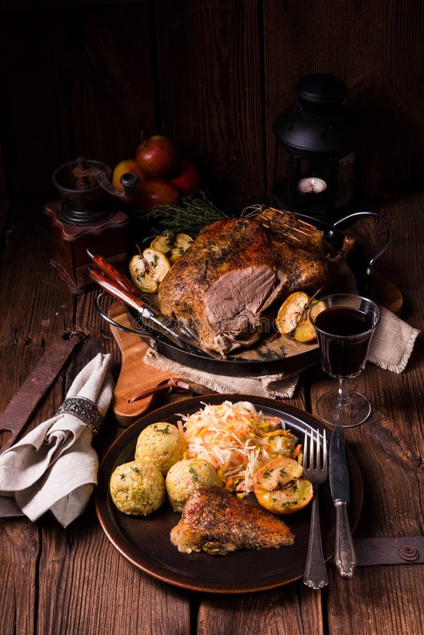 Classic And Crispy Roasted Duck With Cabbage And Dumplings Stock Photo ...