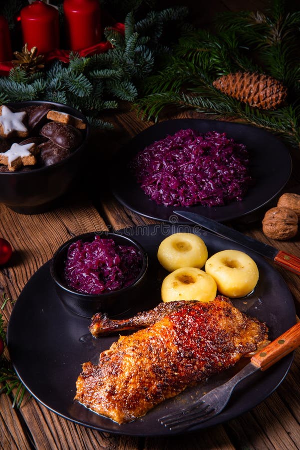 Classic and Crispy Roasted Duck with Cabbage and Dumplings Stock Photo ...