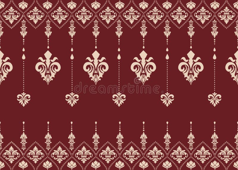 Damask Seamless Pattern Cream Color on Drak Red Backgound Stock Vector ...
