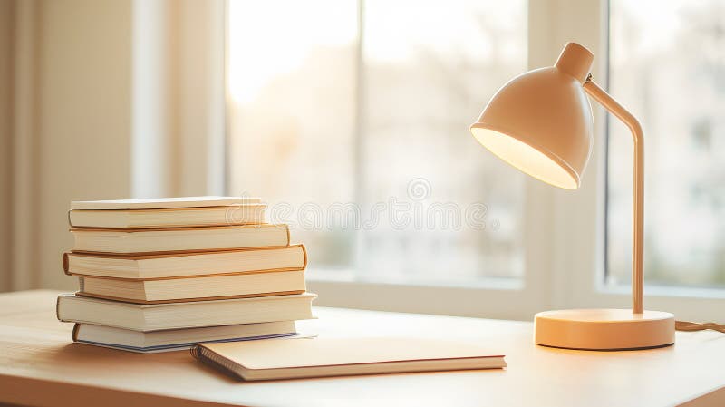 Classic Desk Lamp beside Stacked Books on Table Stock Illustration ...