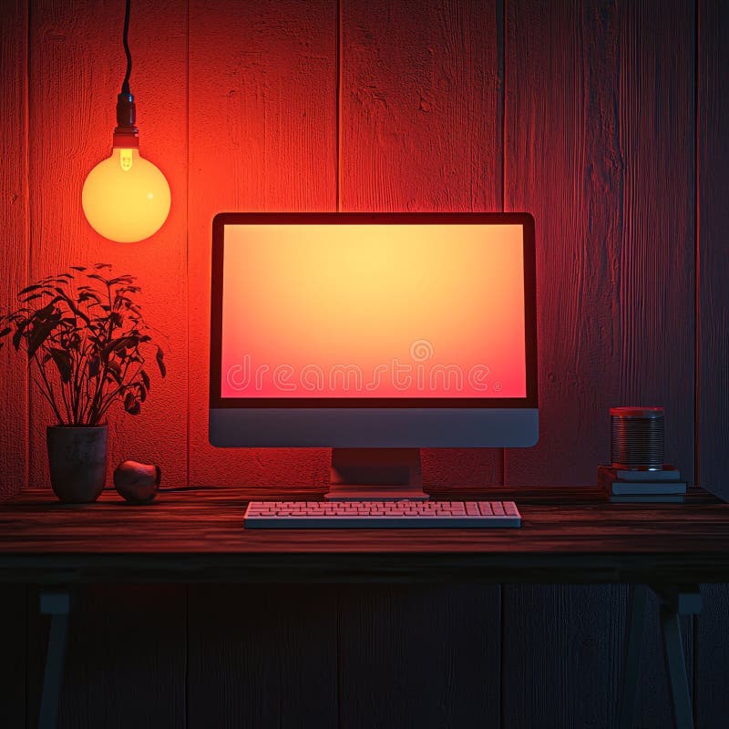 A Classic Desktop PC Showing a Bright Blank Screen in Low Illumination ...