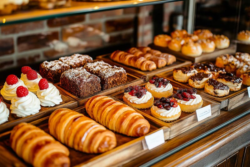 Classic Desserts in a Rustic Bakery Case Stock Illustration ...