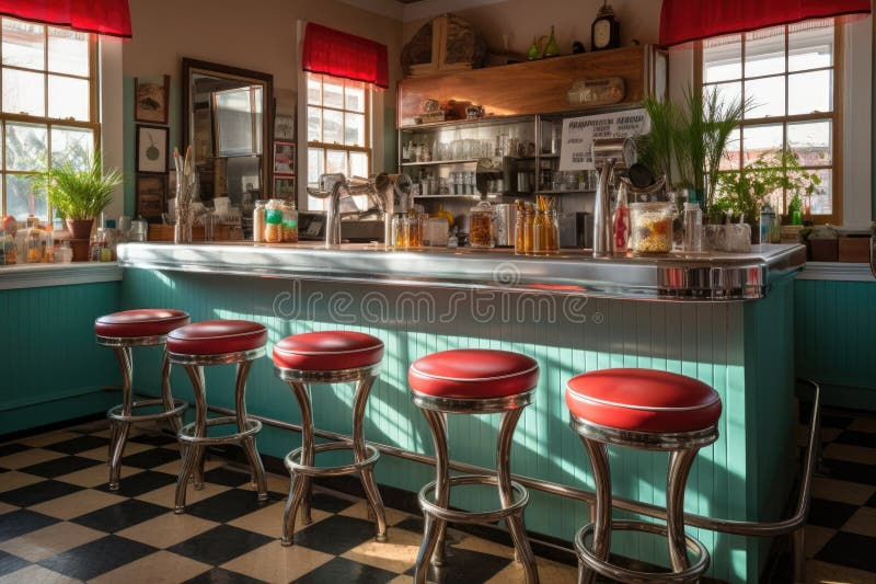 Classic Diner Counter with Vintage Stools and Menu Stock Illustration ...