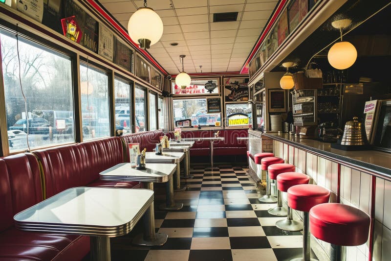Classic Diner Counter with Bar Stools Stock Illustration - Illustration ...