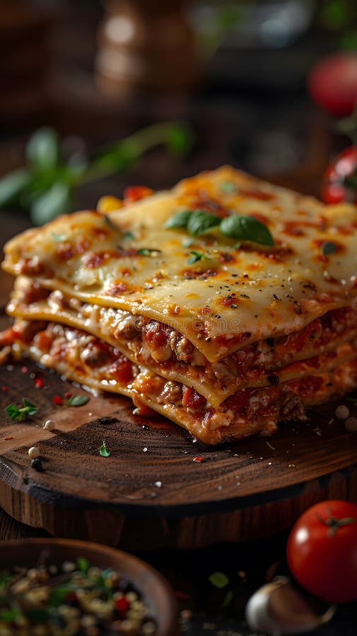 Classic Dish Stack of Lasagna on a Wooden Cutting Board Stock Photo ...