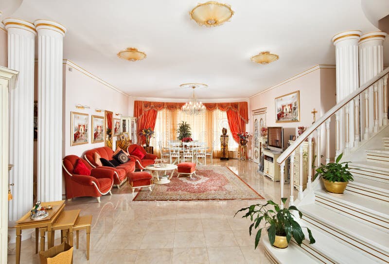 Classic Drawing-room Interior in Red and Golden Stock Photo - Image of ...