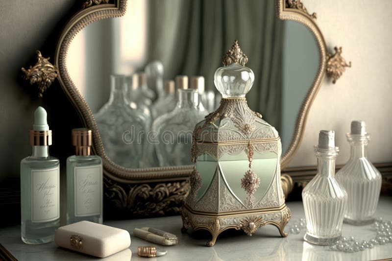 Classic Dressing Table with a Vintage Mirror and Crystal Perfume ...