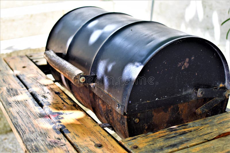 Classic Drum Barrel Grill. Charcoal BBQ Grill Stock Image - Image of ...