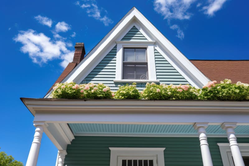 Classic Dutch Colonial Flared Eave Against Blue Sky Stock Image - Image ...