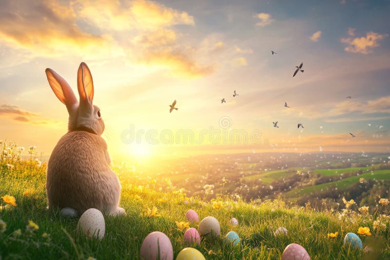 A Classic Easter Bunny Sitting on a Grassy Hill, Watching the Sunrise ...