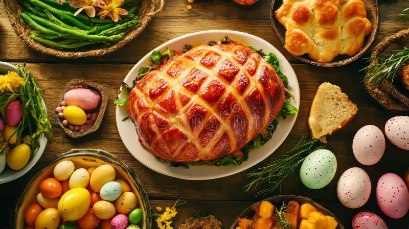 A Classic Easter Dinner with Ham. Top View Table Scene on Dark ...