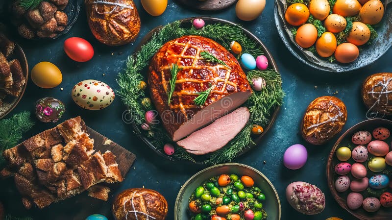 A Classic Easter Dinner with Ham. Top View Table Scene on Dark ...