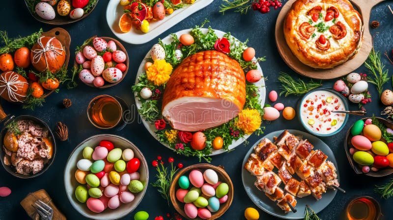 A Classic Easter Dinner with Ham. Top View Table Scene on Dark ...