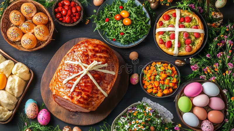 A Classic Easter Dinner with Ham. Top View Table Scene on Dark ...