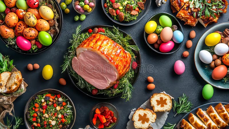 A Classic Easter Dinner with Ham. Top View Table Scene on Dark ...