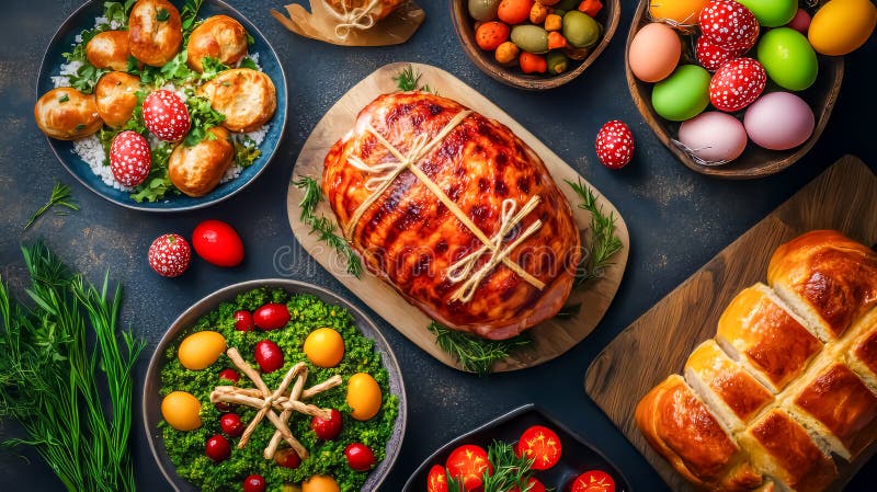 A Classic Easter Dinner with Ham. Top View Table Scene on Dark ...