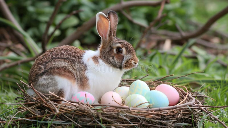 Classic Easter Scene: Bunny Peeking from Eggs Stock Illustration ...