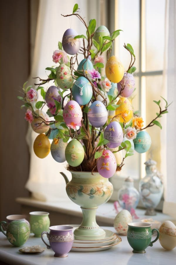 A Classic Easter Scene Featuring a Basket of Eggs and a Decorated ...