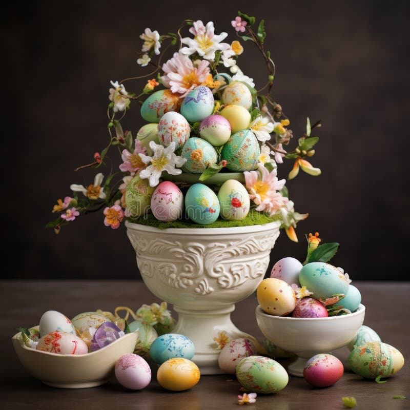 A Classic Easter Scene Featuring a Basket of Eggs and a Decorated ...