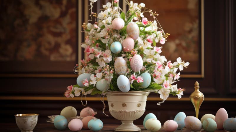A Classic Easter Scene Featuring a Basket of Eggs and a Decorated ...