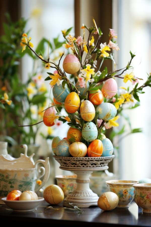 A Classic Easter Scene Featuring a Basket of Eggs and a Decorated ...