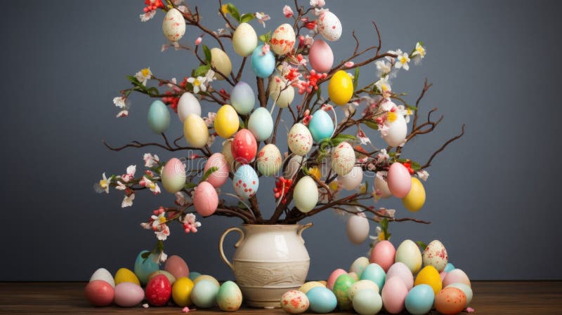 A Classic Easter Scene Featuring a Basket of Eggs and a Decorated ...