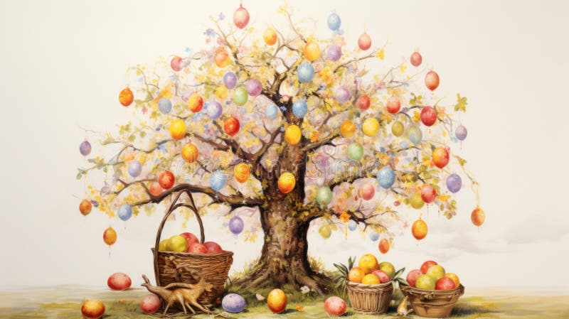 A Classic Easter Scene Featuring a Basket of Eggs and a Decorated ...