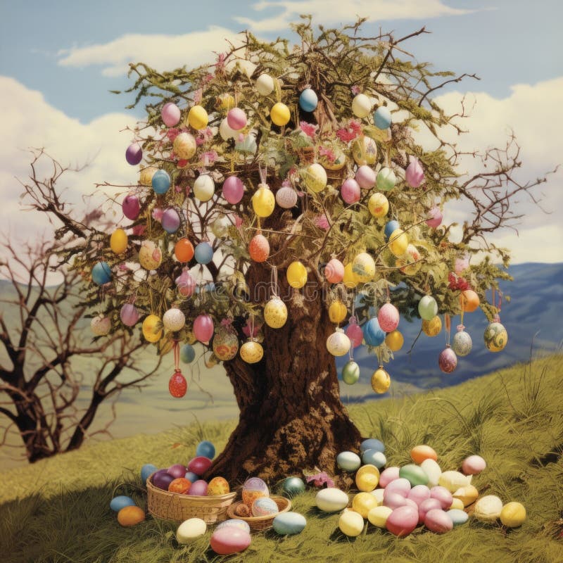 A Classic Easter Scene Featuring a Basket of Eggs and a Decorated ...