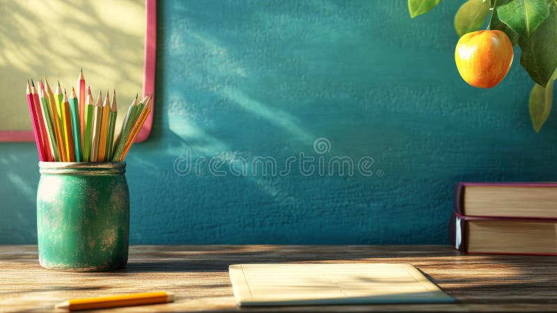 School Background with Chalkboard, Notebook, Pencils, and Apple Branch ...