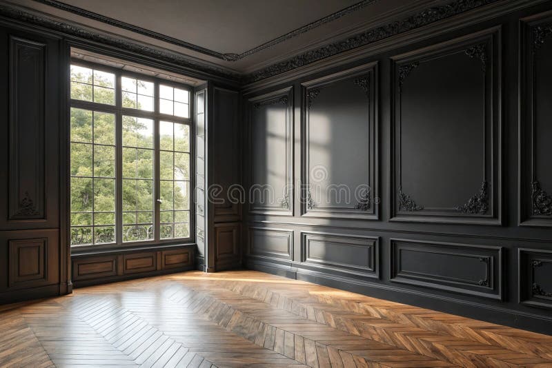 Classic Empty Black Room with Parquet and Classic Wall Panels Stock ...