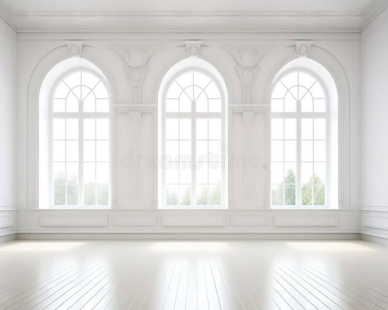 Classic Empty White Room with Windows Has an Arch Wall. Stock ...