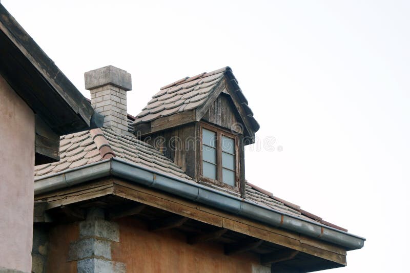 Classic European Roof and Brick Work with Chimney Stock Photo - Image ...