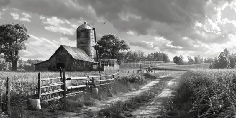 A Classic Farm Scene in Monochrome Stock Image - Image of rural ...