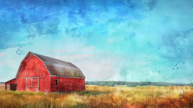 A Classic Farm Scene with a Red Barn in a Lush Green Field Stock ...