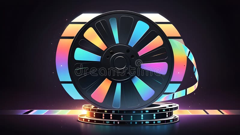 A Classic Film Reel with Glowing Holographic Film Strips Stock Illustration - Illustration of ...