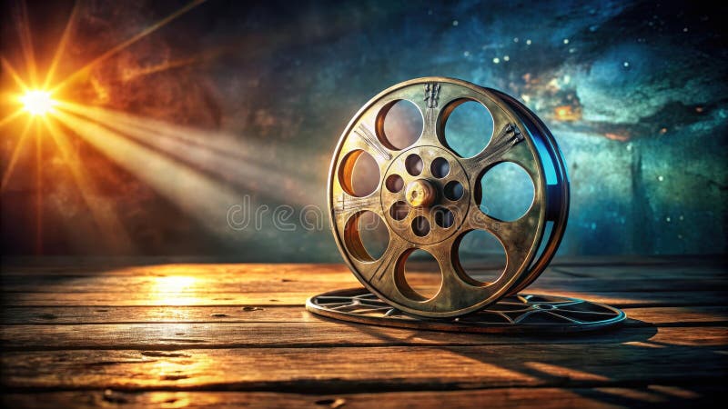 A Classic Film Reel on a Rustic Wooden Surface Illuminated by Dramatic ...